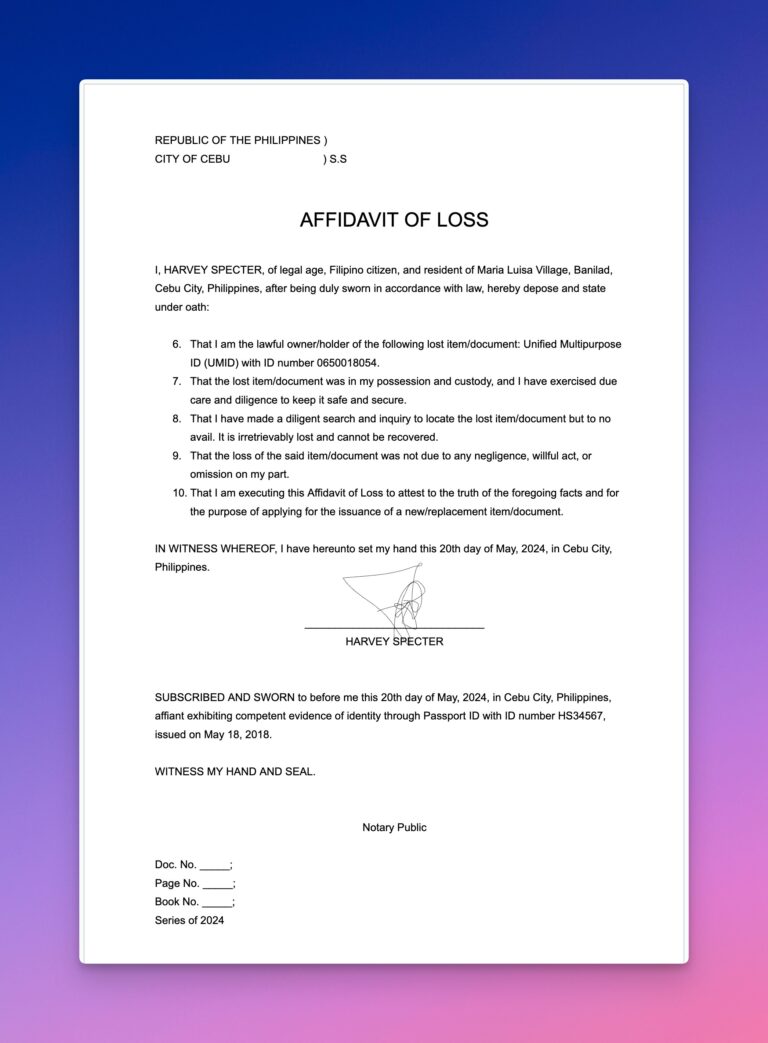 Affidavit of Loss Template and Example in the Philippines