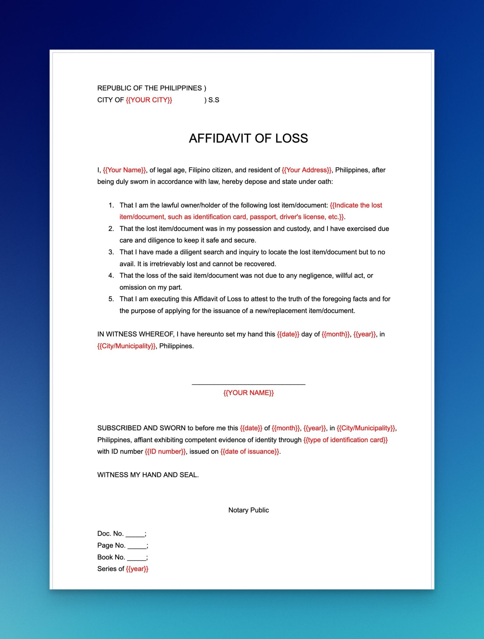Affidavit of Loss Template and Example in the Philippines