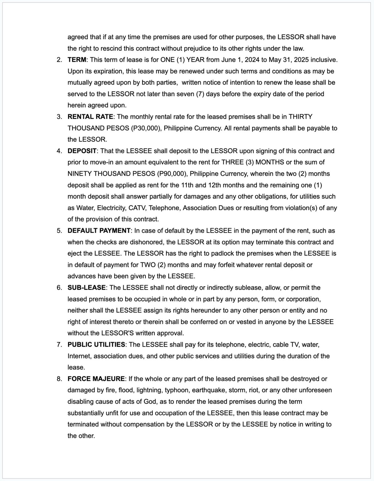 Contract of Lease Sample and Template in the Philippines