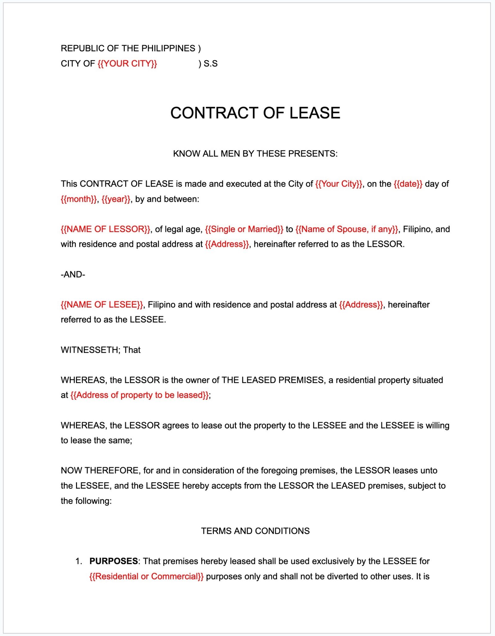 Contract of Lease Sample and Template in the Philippines