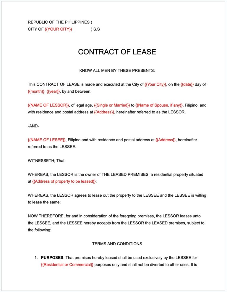 Contract of Lease Sample and Template in the Philippines