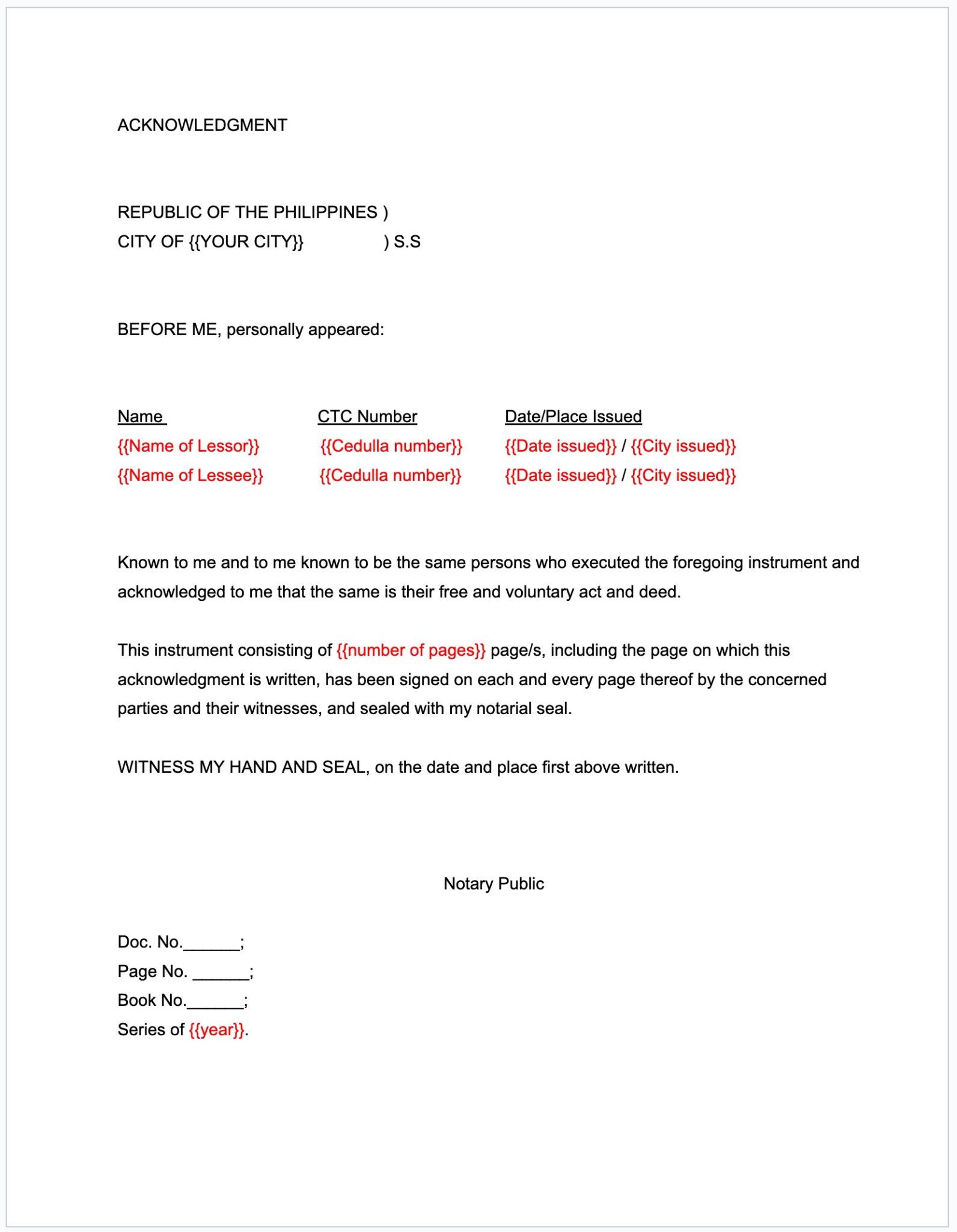 Contract of Lease Sample and Template in the Philippines